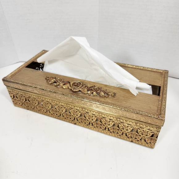 Other | Metal Hollywood Regency Tin Brass Hinged Tissue Box Ornate Open ...